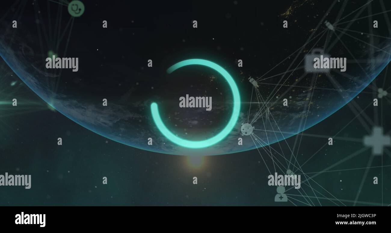 Image of loading circle icon and network of connections over globe ...