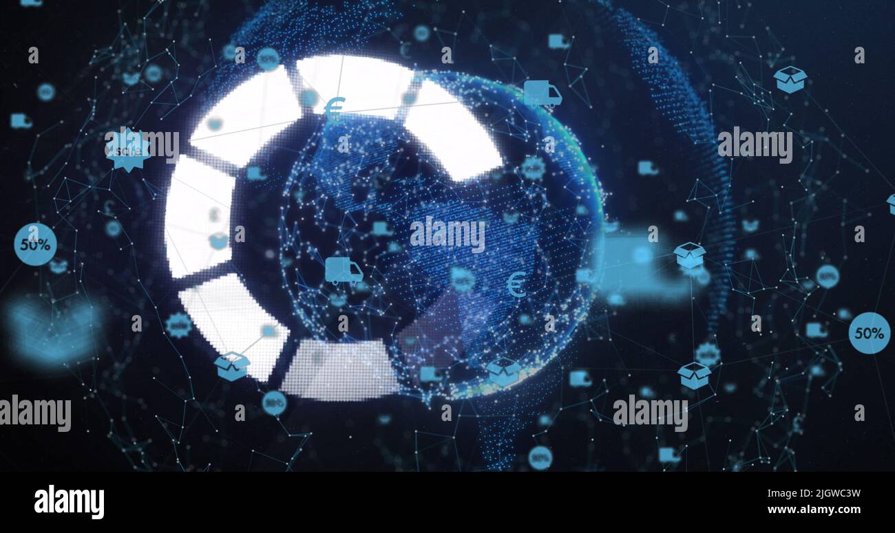 Image of loading circle icon and network of connections with icons over ...