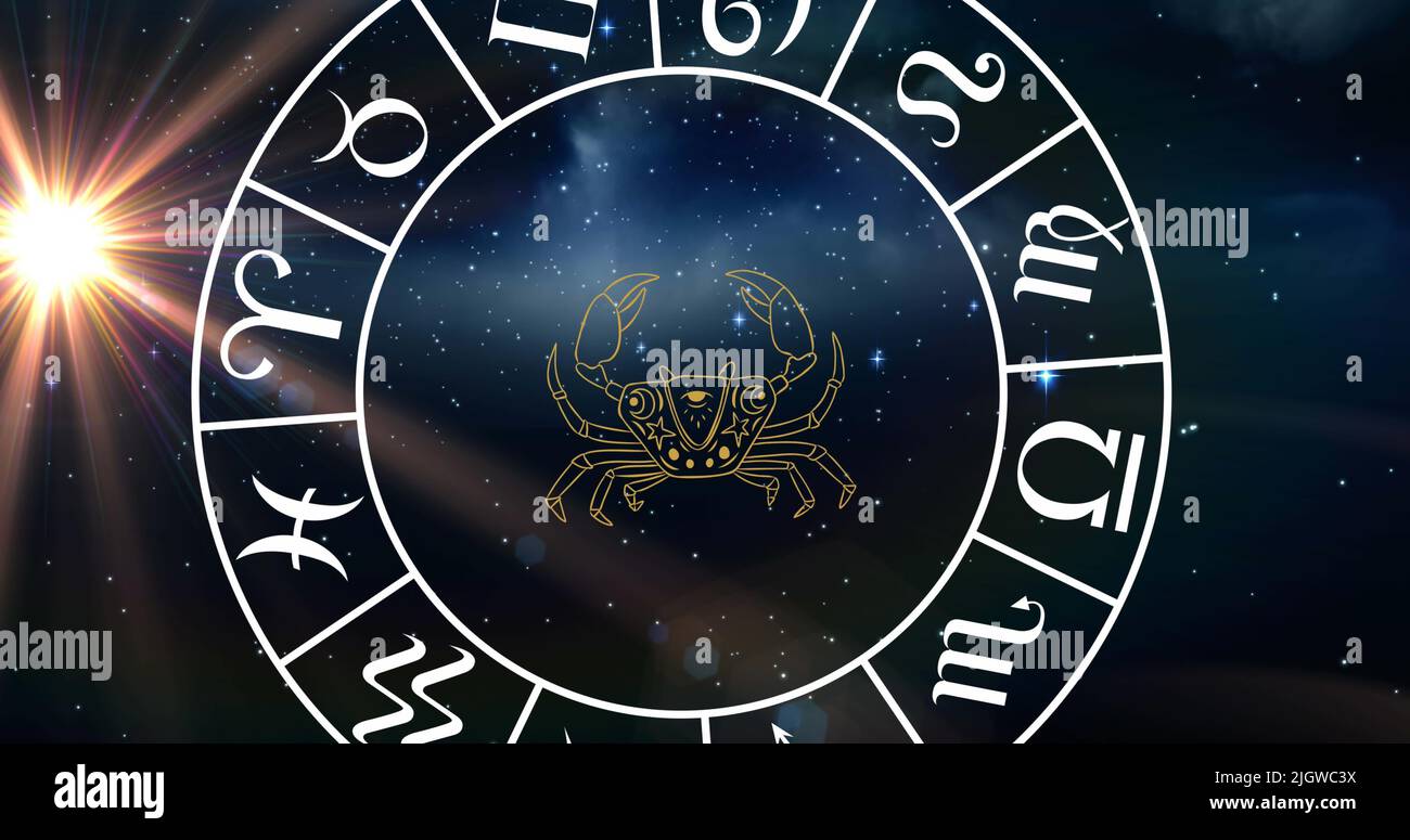 Image of cancer star sign with horoscope wheel spinning over stars on ...