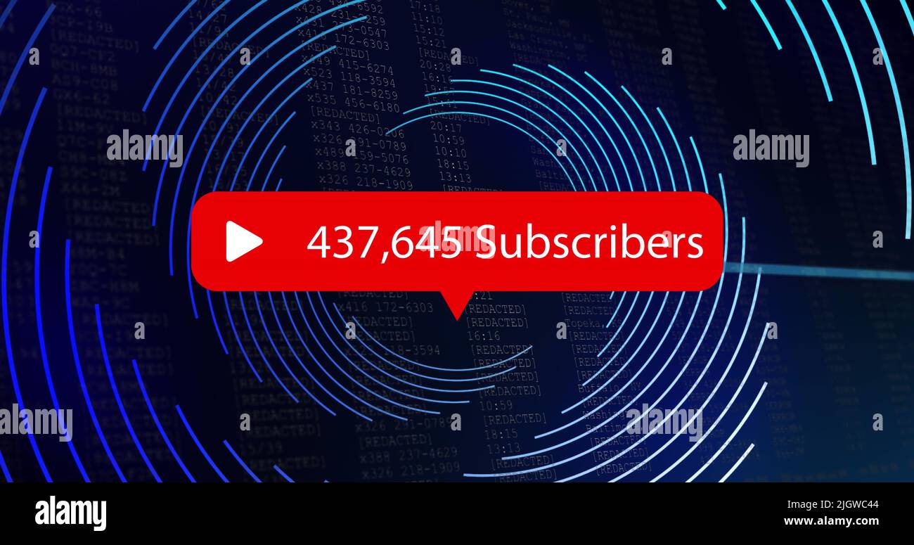 Image of subscribers text over spinning blue lines on black background ...