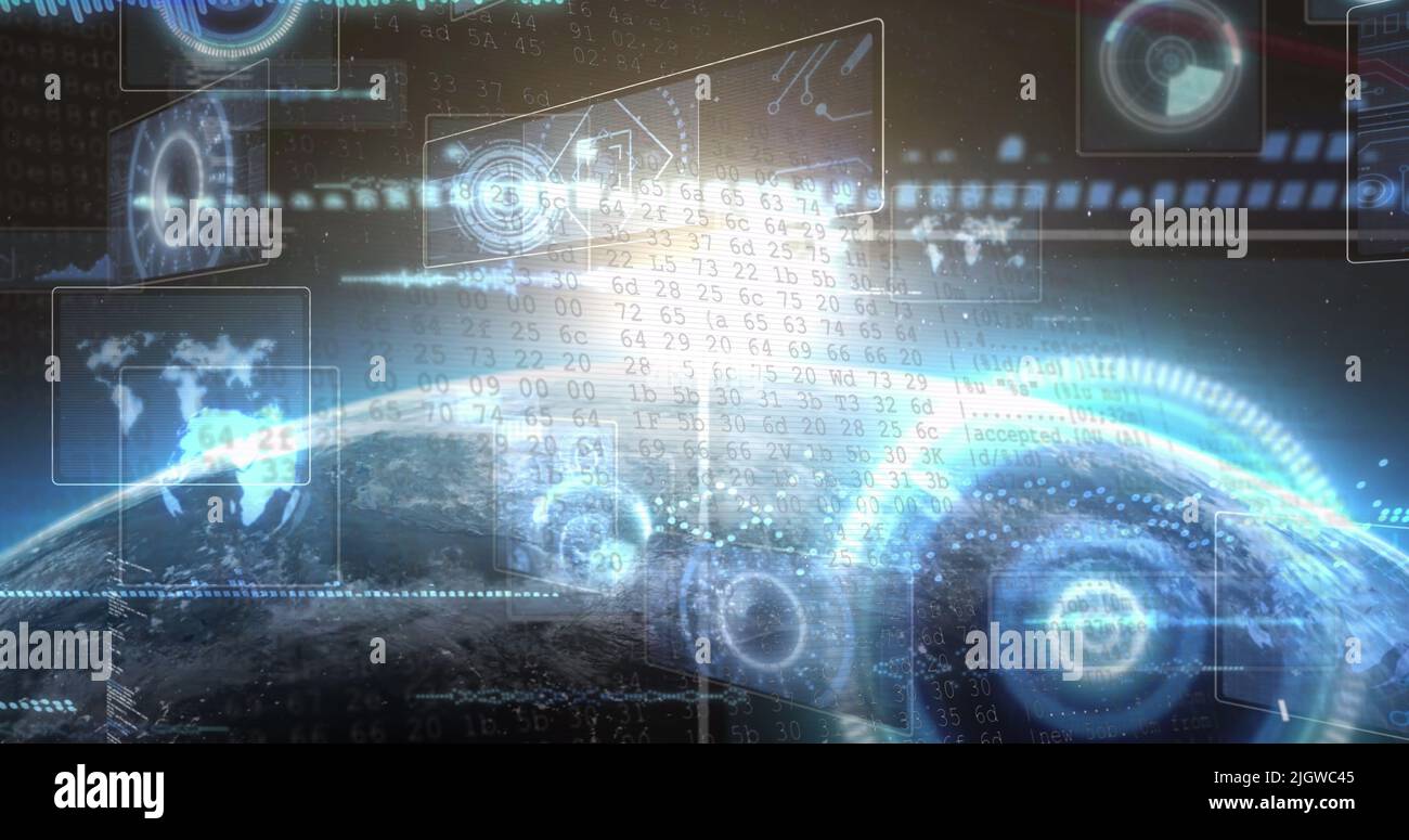 Image of data processing on screen and scopes scanning over planet ...