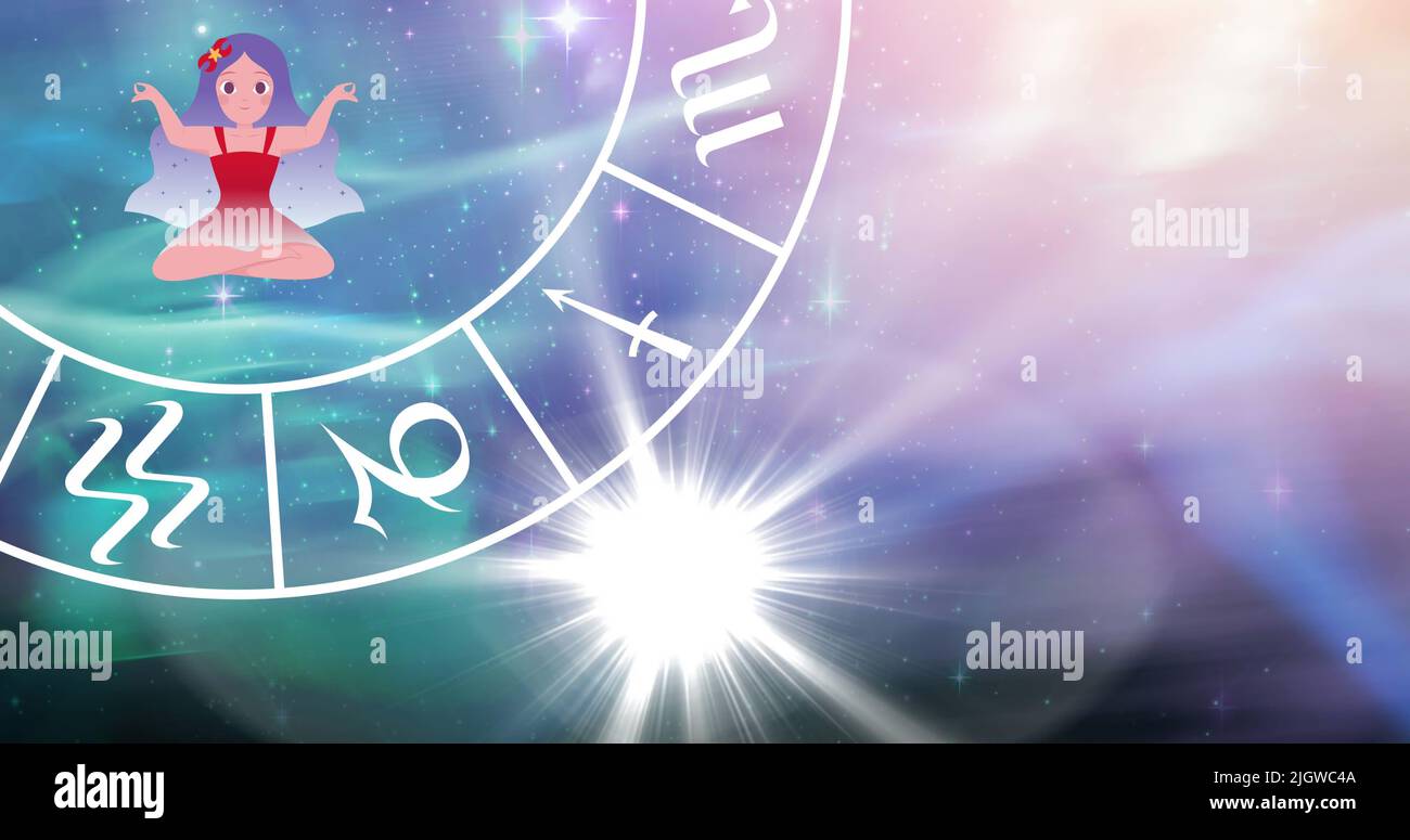 Image of star sign with horoscope wheel spinning over stars on green to ...