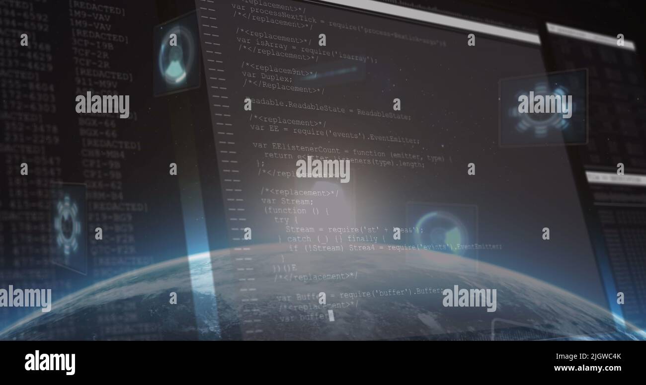Image of data processing on screens and scopes scanning over planet earth Stock Photo - Alamy