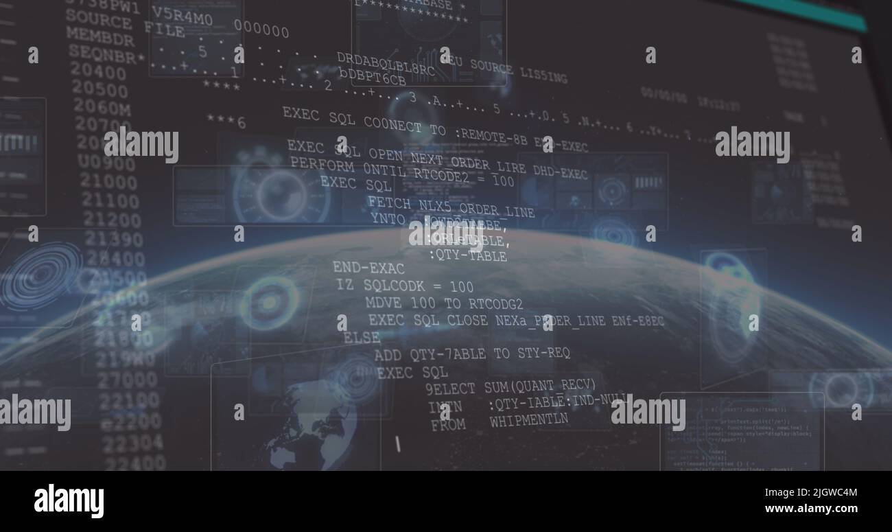 Image of data processing on screen and scopes scanning over planet earth Stock Photo - Alamy