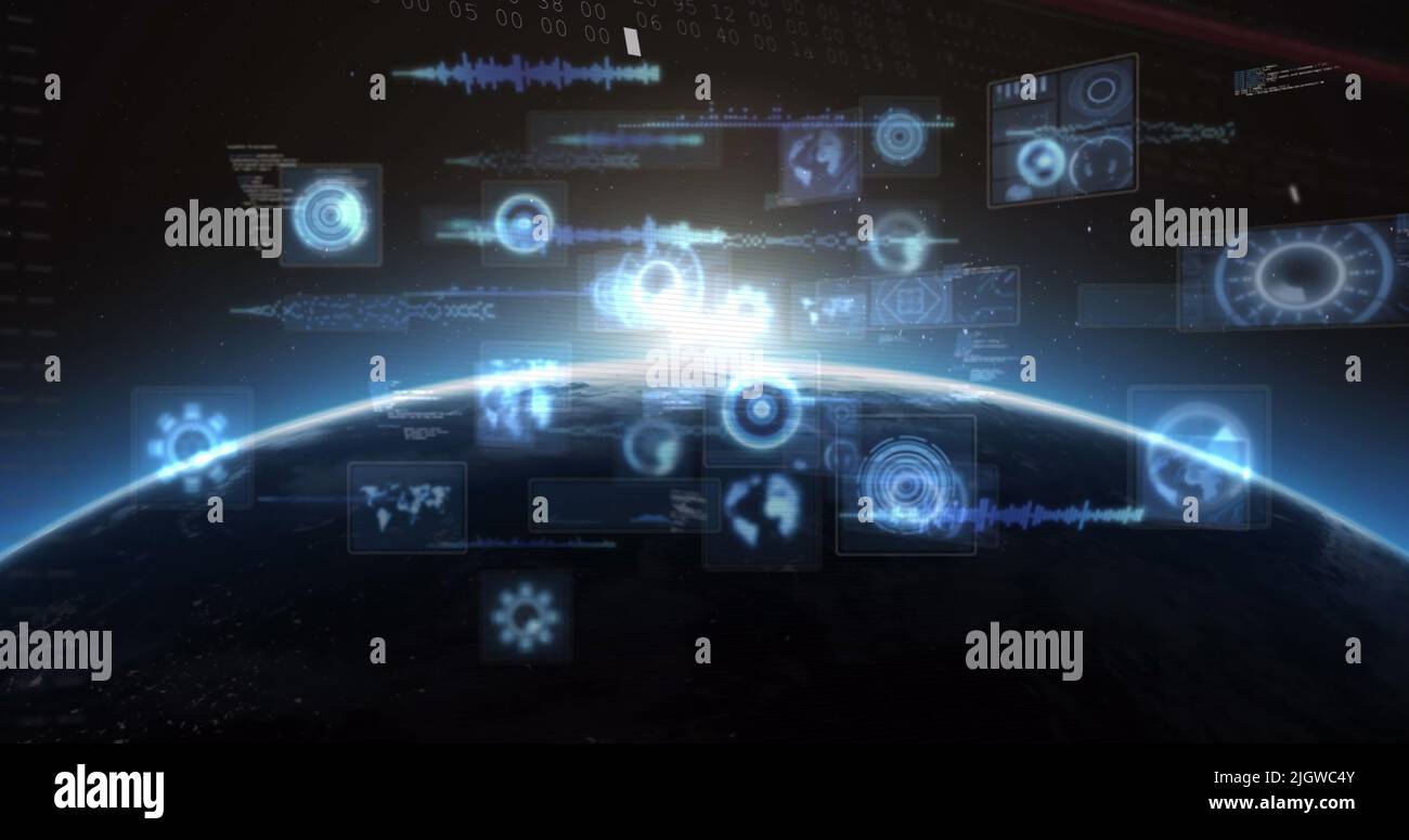 Image of data processing on screen and scopes scanning over planet ...