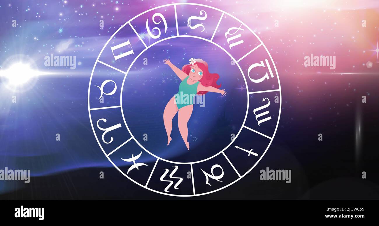 Image of star sign with horoscope wheel spinning over stars on blue to ...