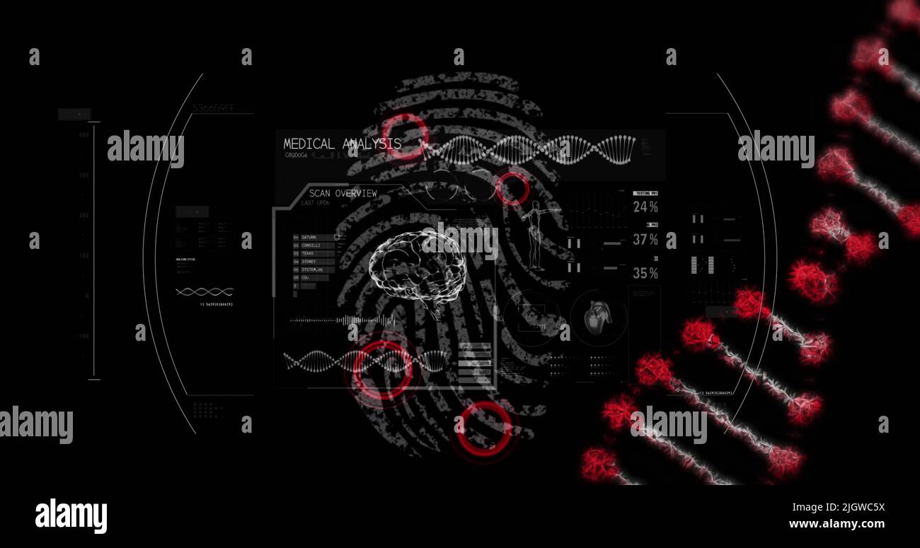 Image of data processing and dna strand spinning over biometric fingerprint Stock Photo - Alamy