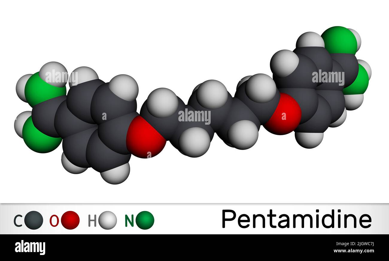 Pentamidine molecule. It is antimicrobial, antifungal drug. Used to ...