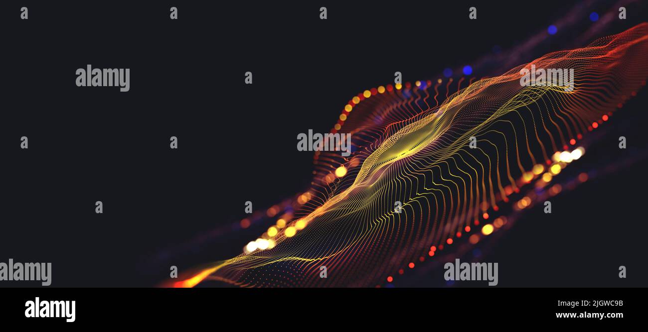 Big data cyber stream 3D illustration. Rhythmic waves of electrical impulses in a neural network ...