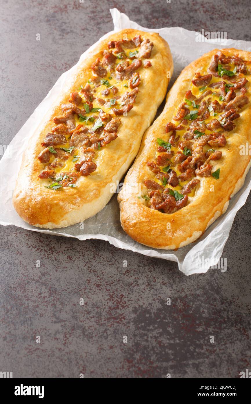 Traditional oven baked Macedonian meat pie pastrmajlija closeup on the ...