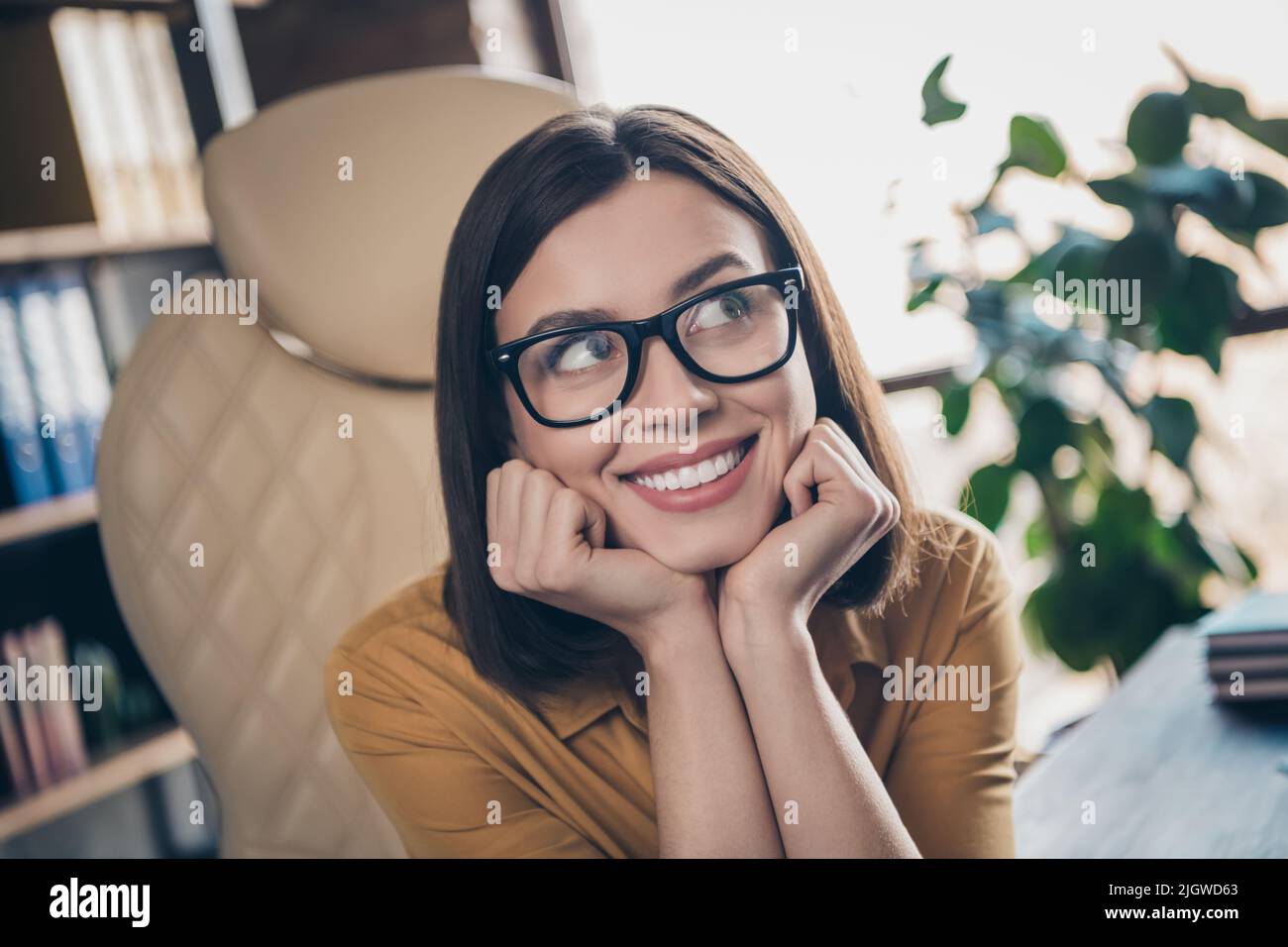 Portrait of attractive smart clever dreamy cheerful girl creating new ...
