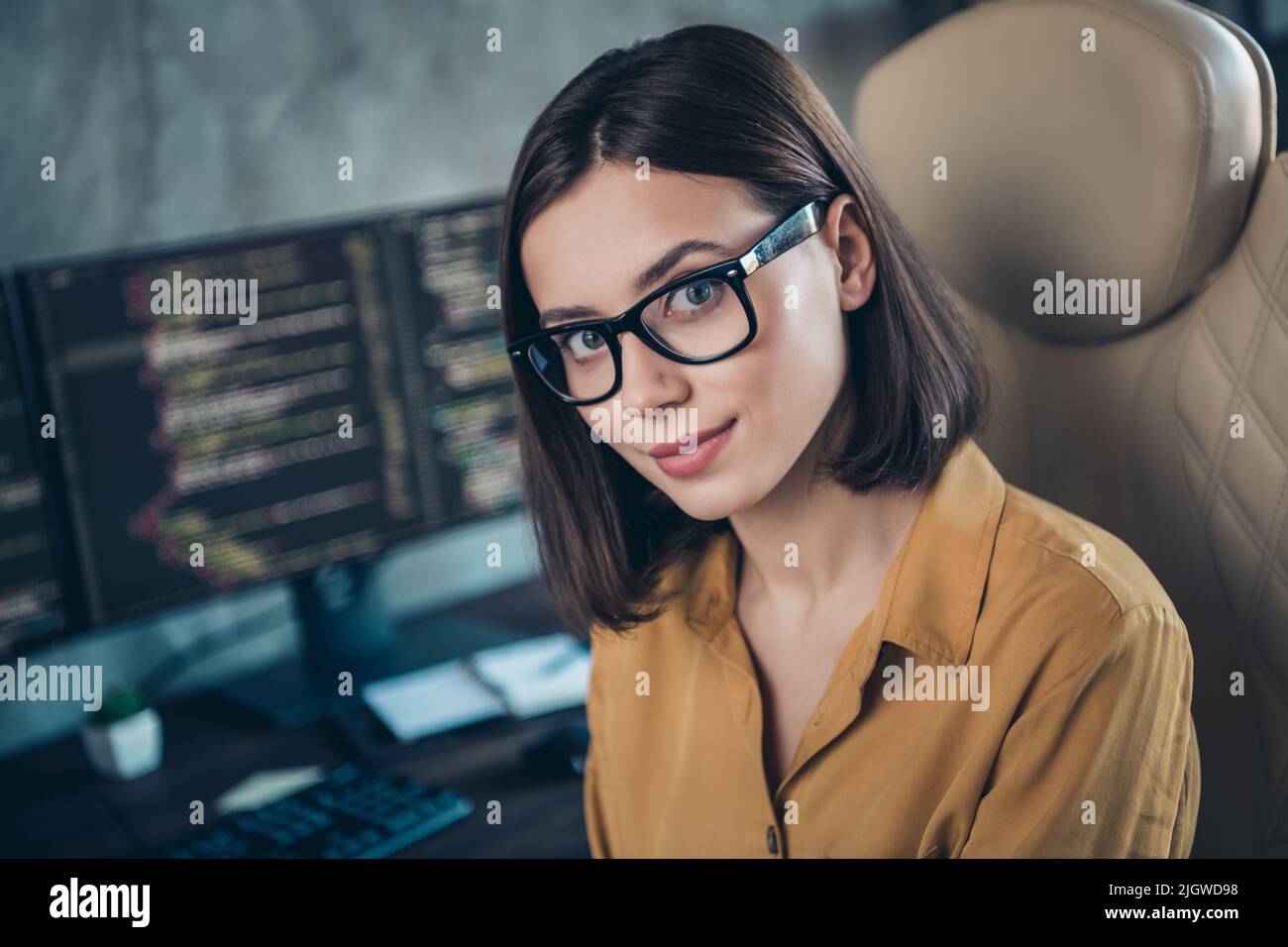 Portrait of attractive intellectual girl web developer service network ...