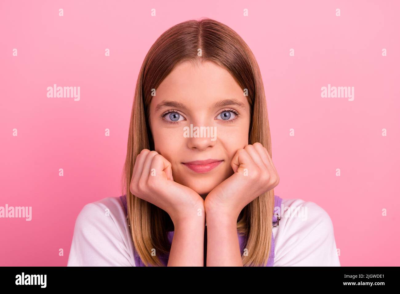 Picture of beautiful pretty sweet little woman hold chin on hands enjoy ...