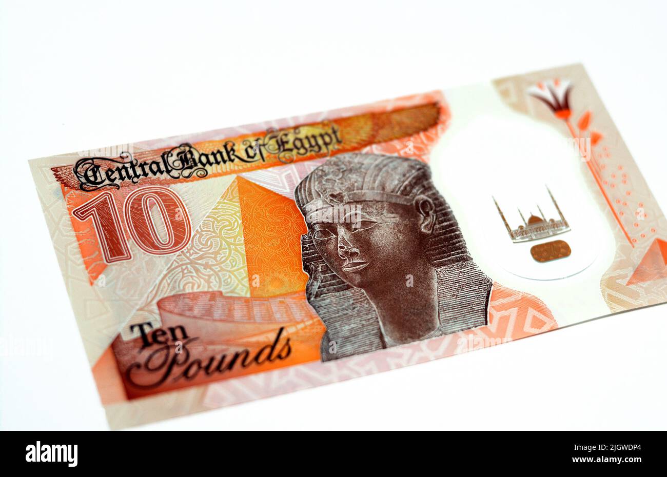 Selective focus of reverse side of the new first Egyptian 10 LE EGP ten ...