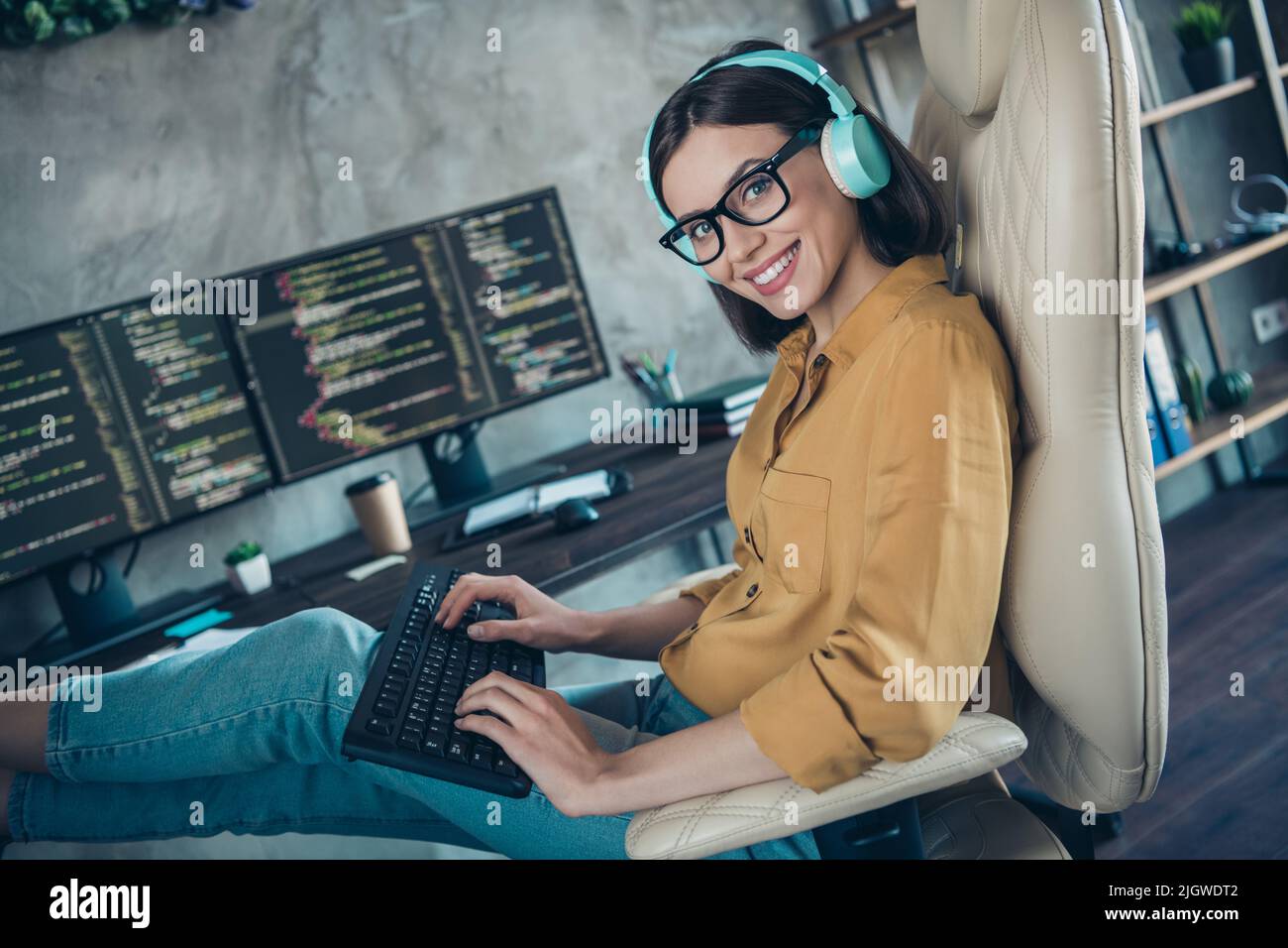 Profile Side View Portrait Of Attractive Cheery Girl Editing Network Intranet Interface