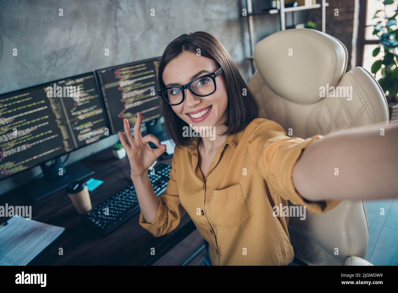 Self-portrait of attractive cheerful girl web developer showing ok-sign ...