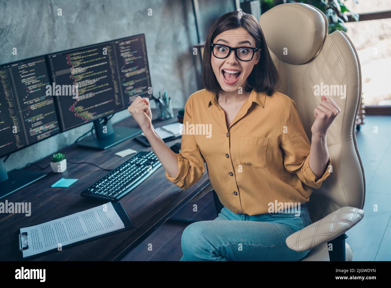 Portrait of attractive ecstatic cheerful lucky girl having fun ...