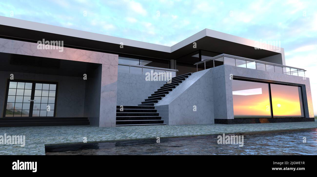 Stunning sunrise reflects in windows of contemporary high tech style ...