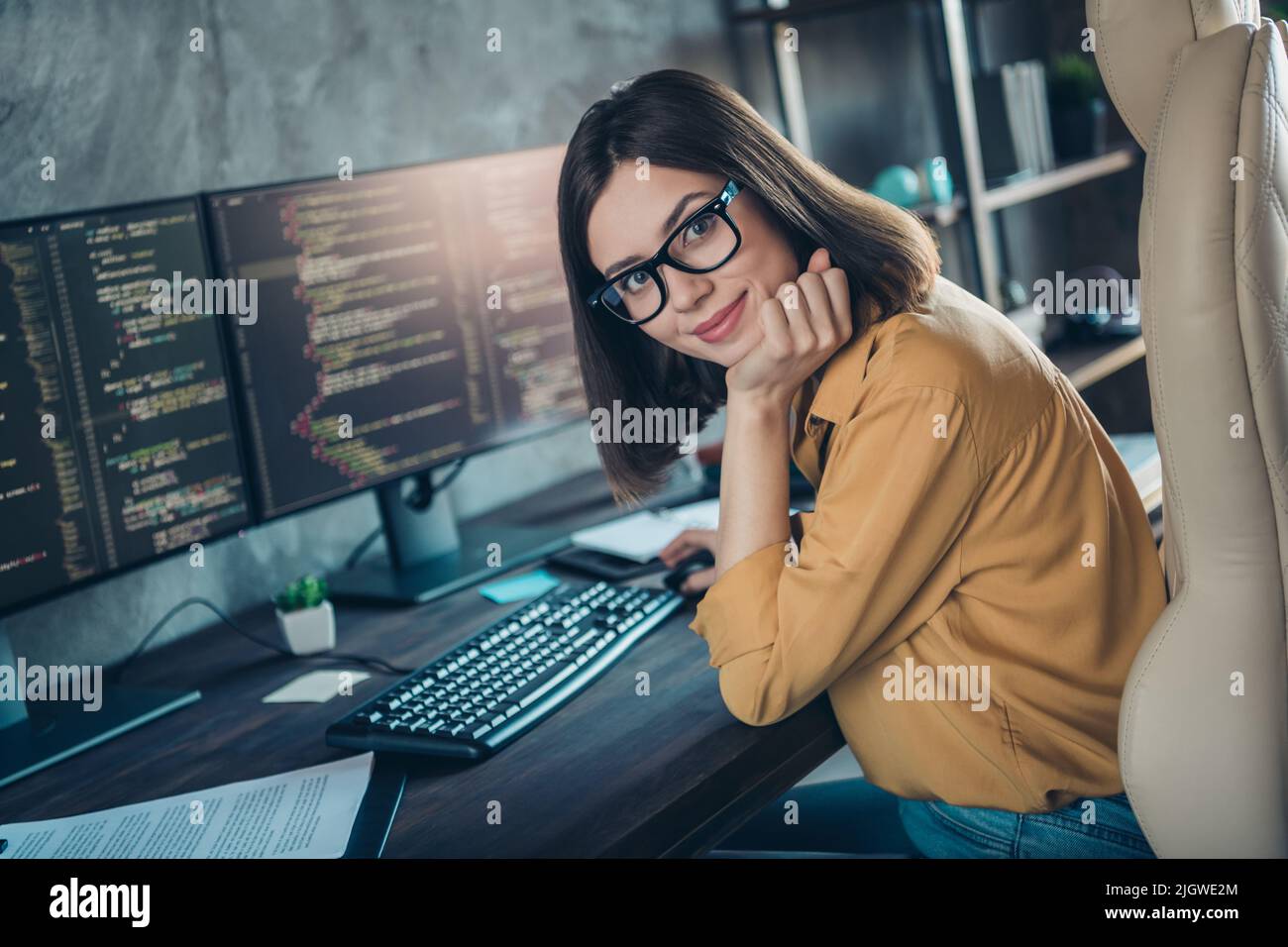Profile side photo of young charming girl workshop operating service ...