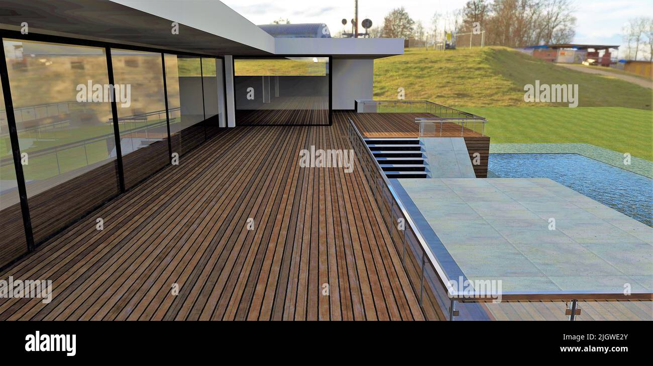 Wooden terrace of flat roof high tech house. Swimming pool and hilly ...