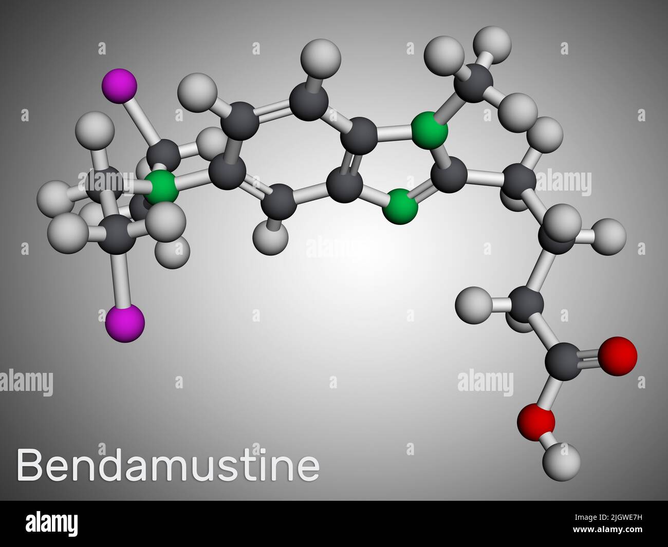 Bendamustine molecule. It is alkylating agent, used in treatment of ...