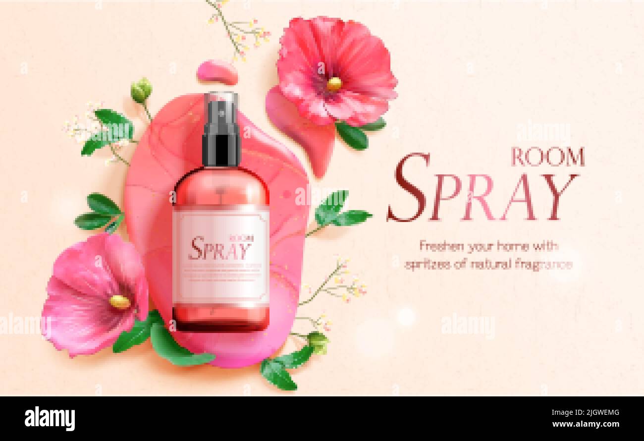 Floral scented air freshener ad. 3D Illustration of room spray bottle ...