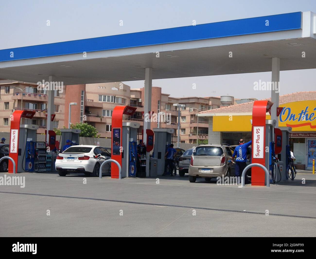 Cairo, Egypt, June 6 2022: Selective focus of Mobil gas and oil station ...