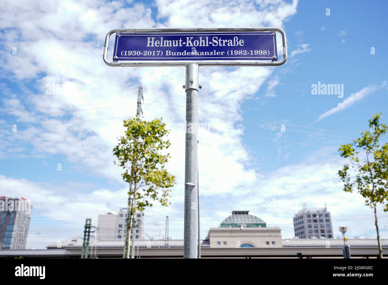 Mannheim, Germany. 13th July, 2022. A street sign reading "Helmut-Kohl ...