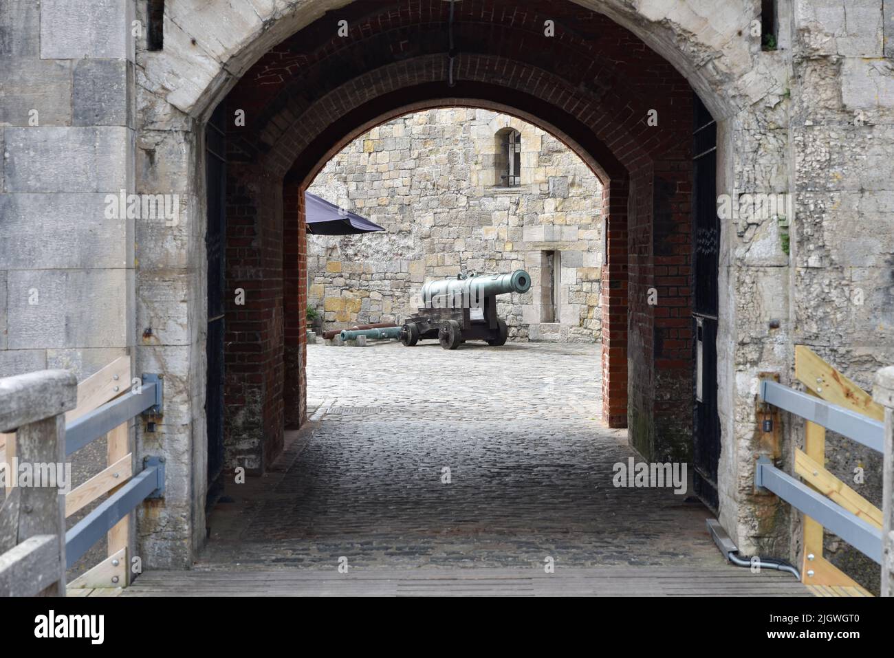Entrance to Southsea Castle in Portsmouth, England. Open archway with a ...
