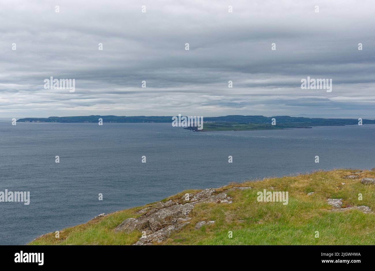 View of Rathlin Island from Fairhead near Ballycastle in County Antrim ...