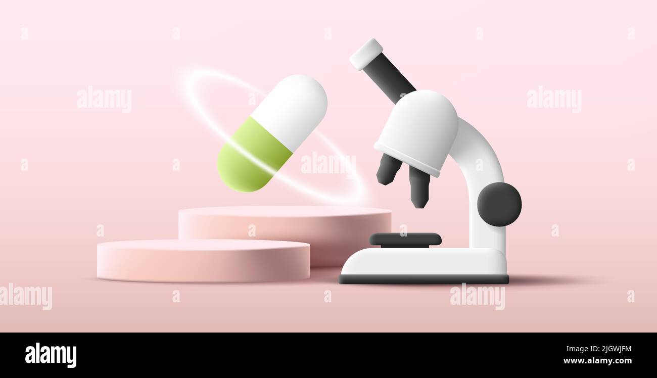 3d illustration of a microscope with medicine pill on podium, science ...