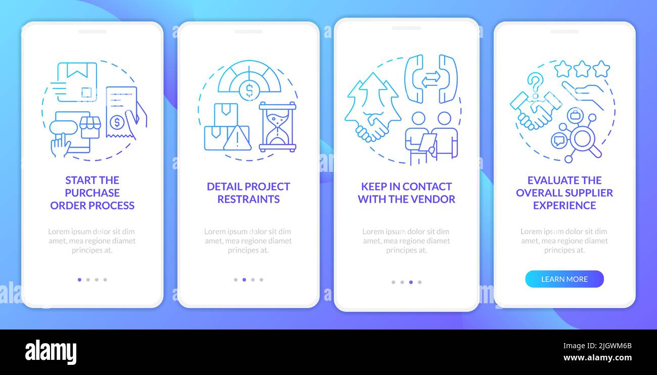 Purchasing process flow blue gradient onboarding mobile app screen ...
