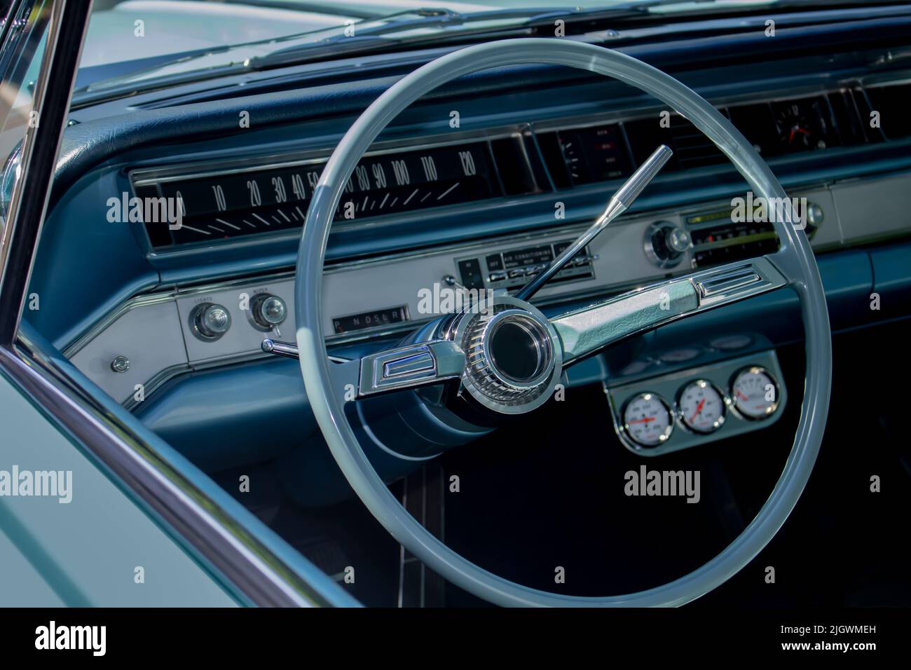Vintage Car Interior dashboard and steering column and gae dials Stock ...