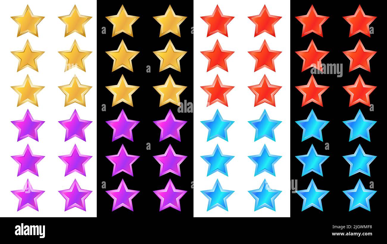 Set of colorful rating stars with different borders on white and black ...