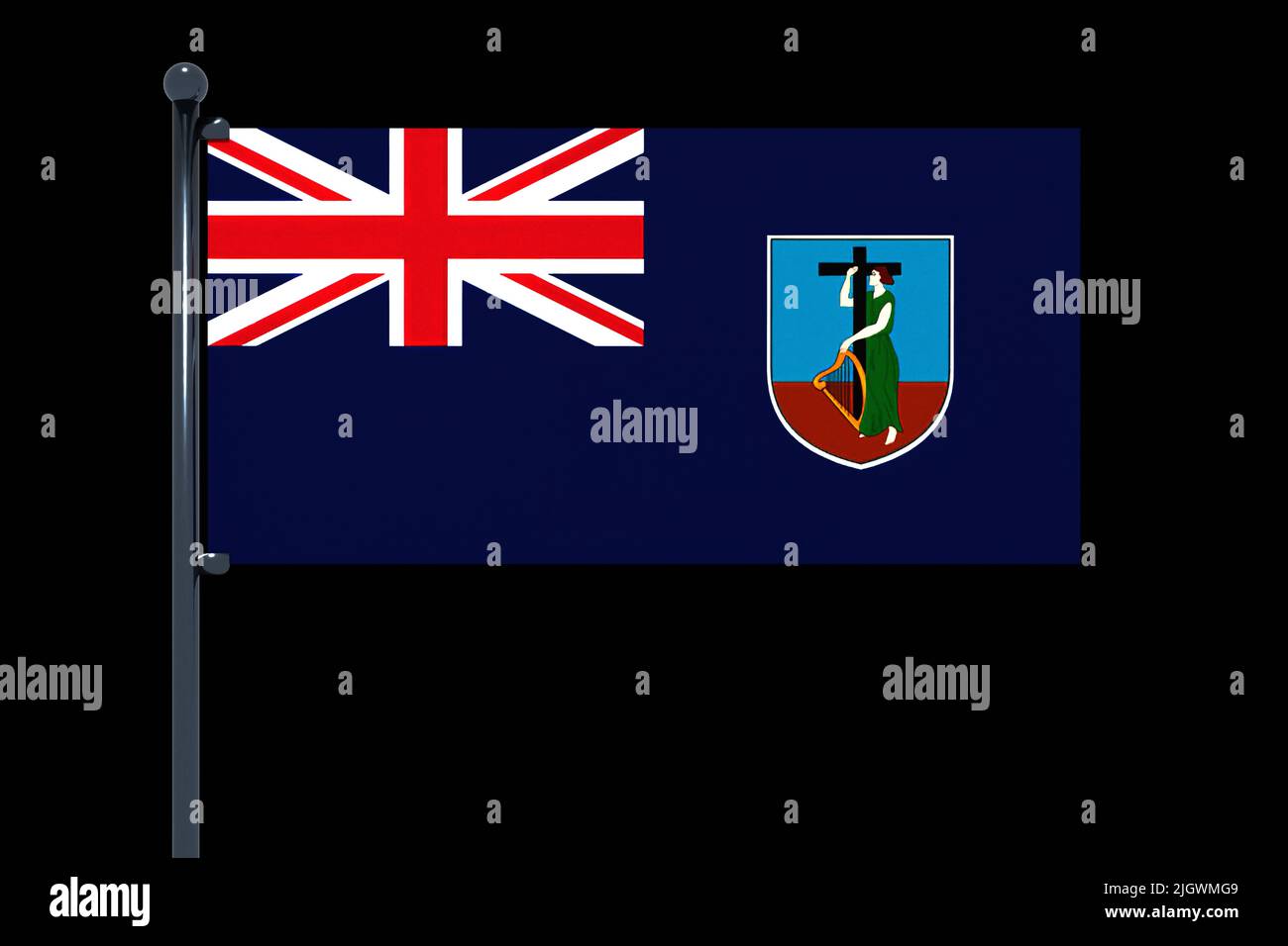 The flag of Montserrat with a 3D rendering pole and black background ...