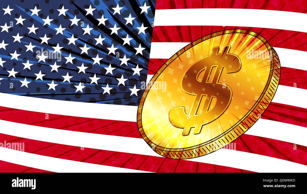 Colored american flag and golden coin with the sign of dollar. Currency ...
