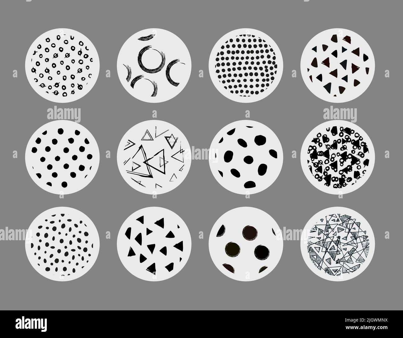 Set of round geometric black and white abstract backgrounds or patterns ...