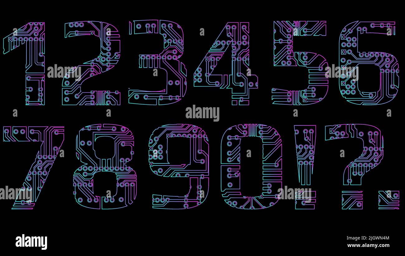 Contour set of digits in digital style perforated with PCB circuit ...