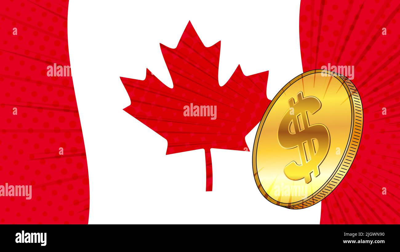 Canadian dollar gold coin with CAD currency sign and the colored flag ...