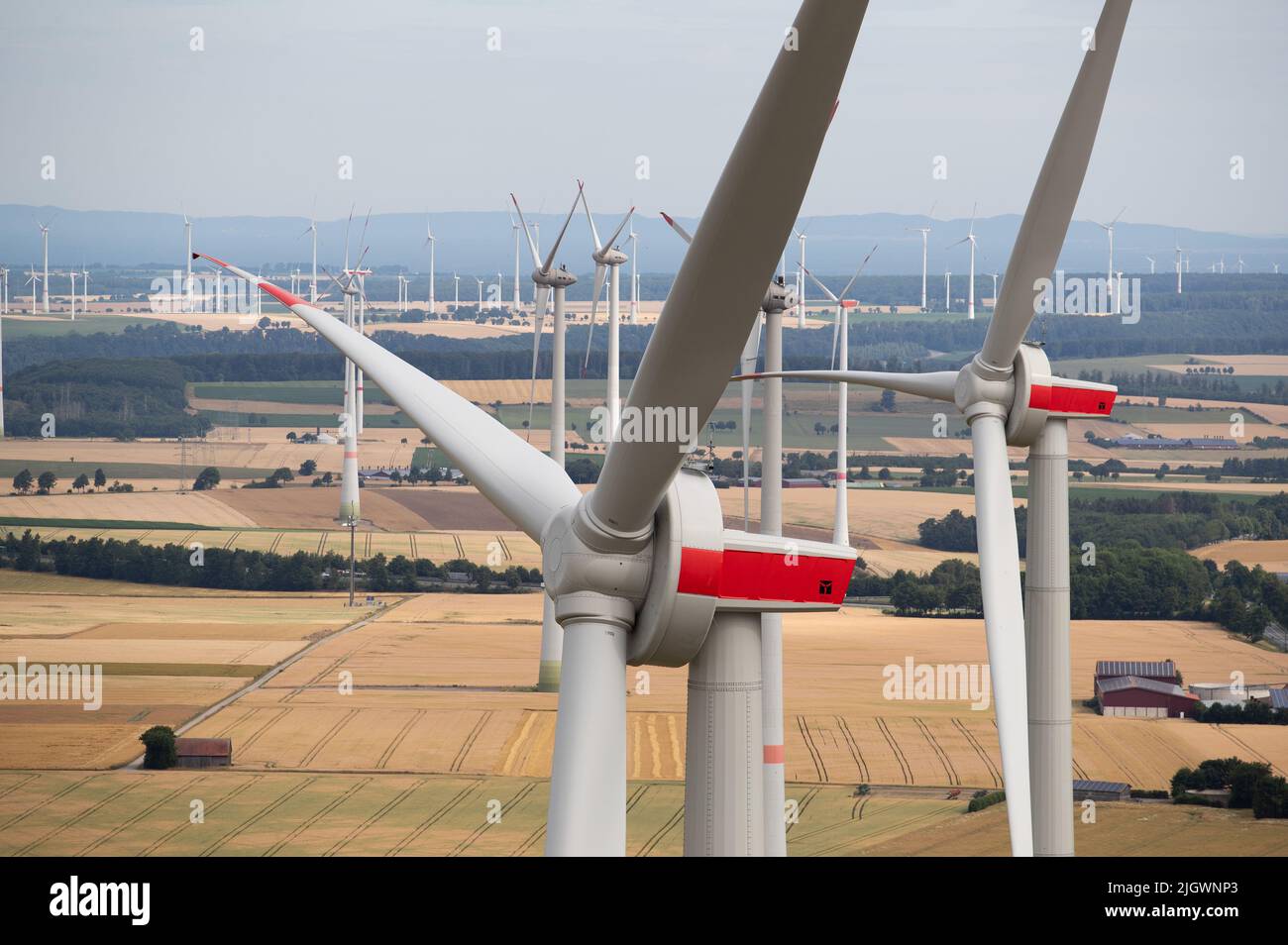 Marsberg, Germany. 13th July, 2022. Wind turbines are located in the ...