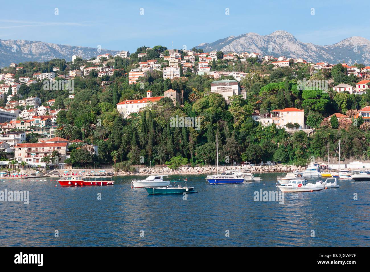 Coastal landscape with beach and harbor in Montenegro . Summer vacation ...