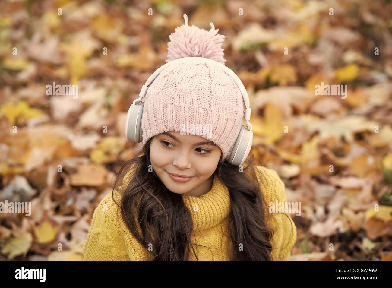 fall season fashion. portrait of teen girl in hat on autumn leaves ...
