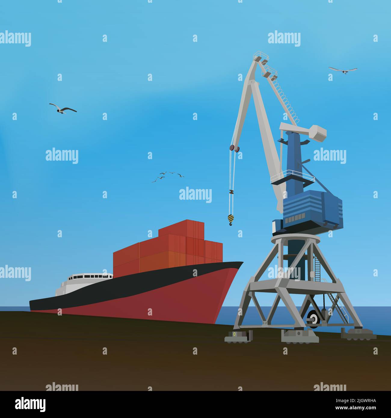 Large cargo crane and ship with containers in port. Vector illustration ...