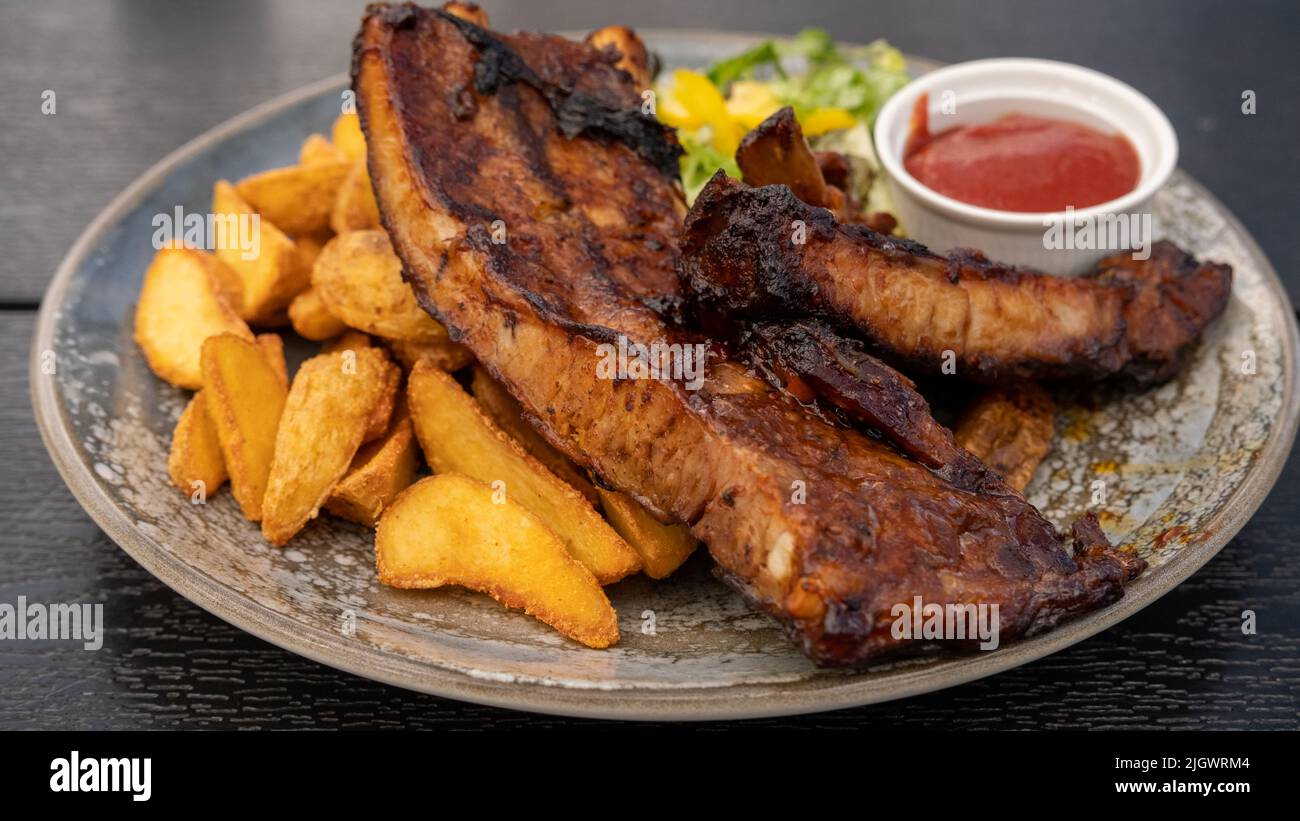 Grilled juicy barbecue pork ribs in a white plate with fries and ...