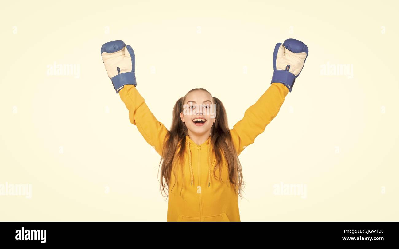 yes. knockout. happy kid celebrate victory. winner of fight. teen girl ...