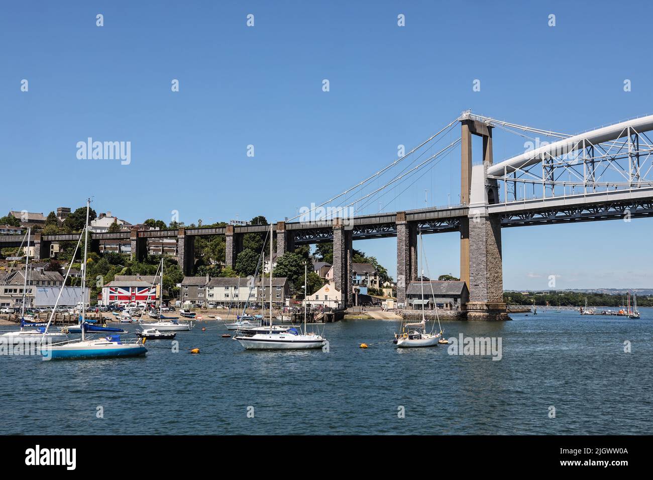 The Waterside at Saltash on the Cornish banks of the River Tamar. Under ...