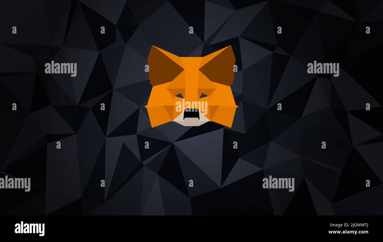 MetaMask logo sign on polygonal dark background. Crypto wallet for Defi ...