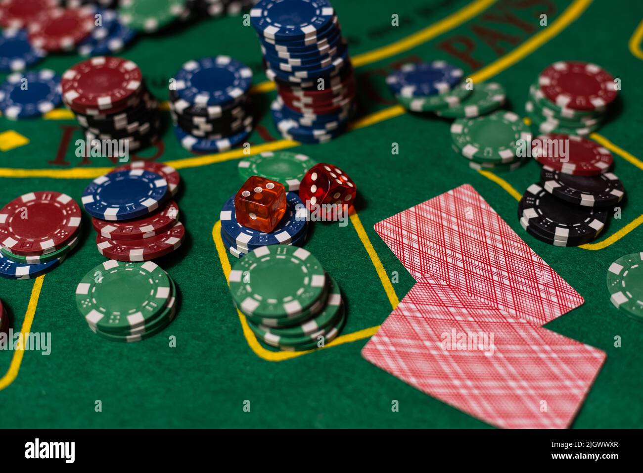 Black Jack casino table with cards and chips Stock Photo - Alamy