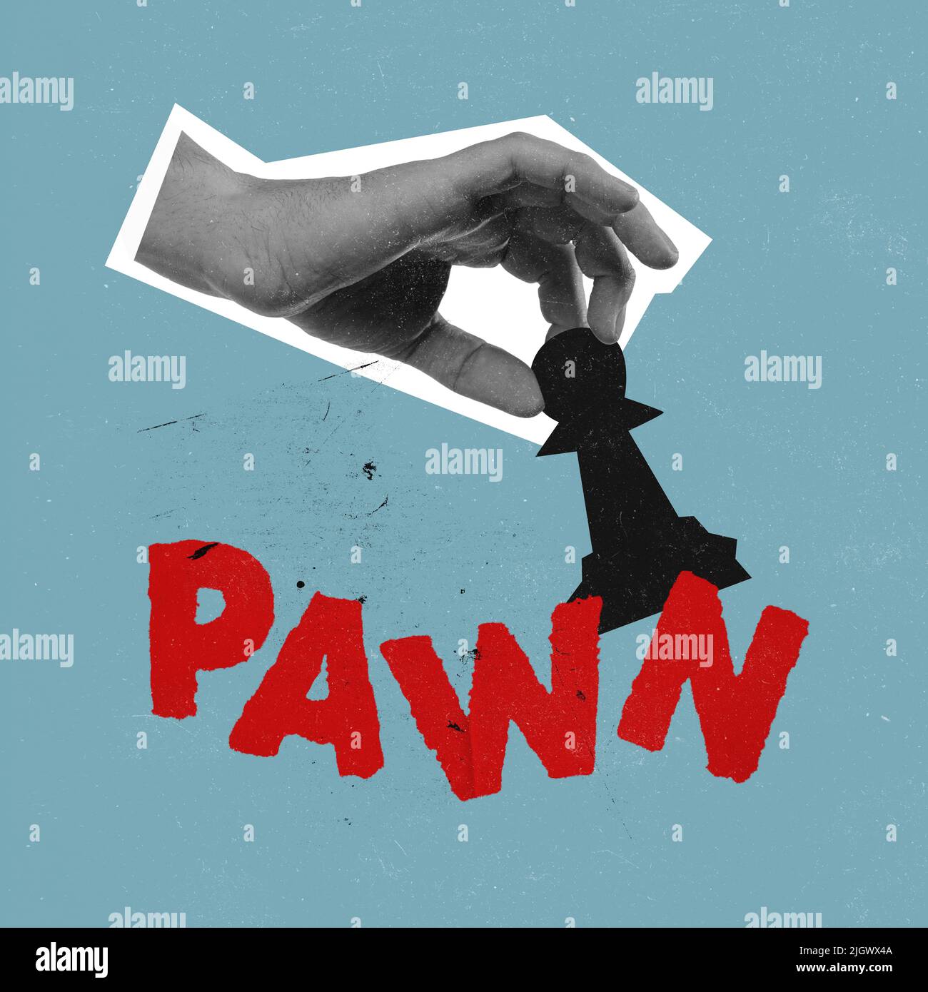 Contemporary art collage. Conceptual image with male hand moving pawn ...