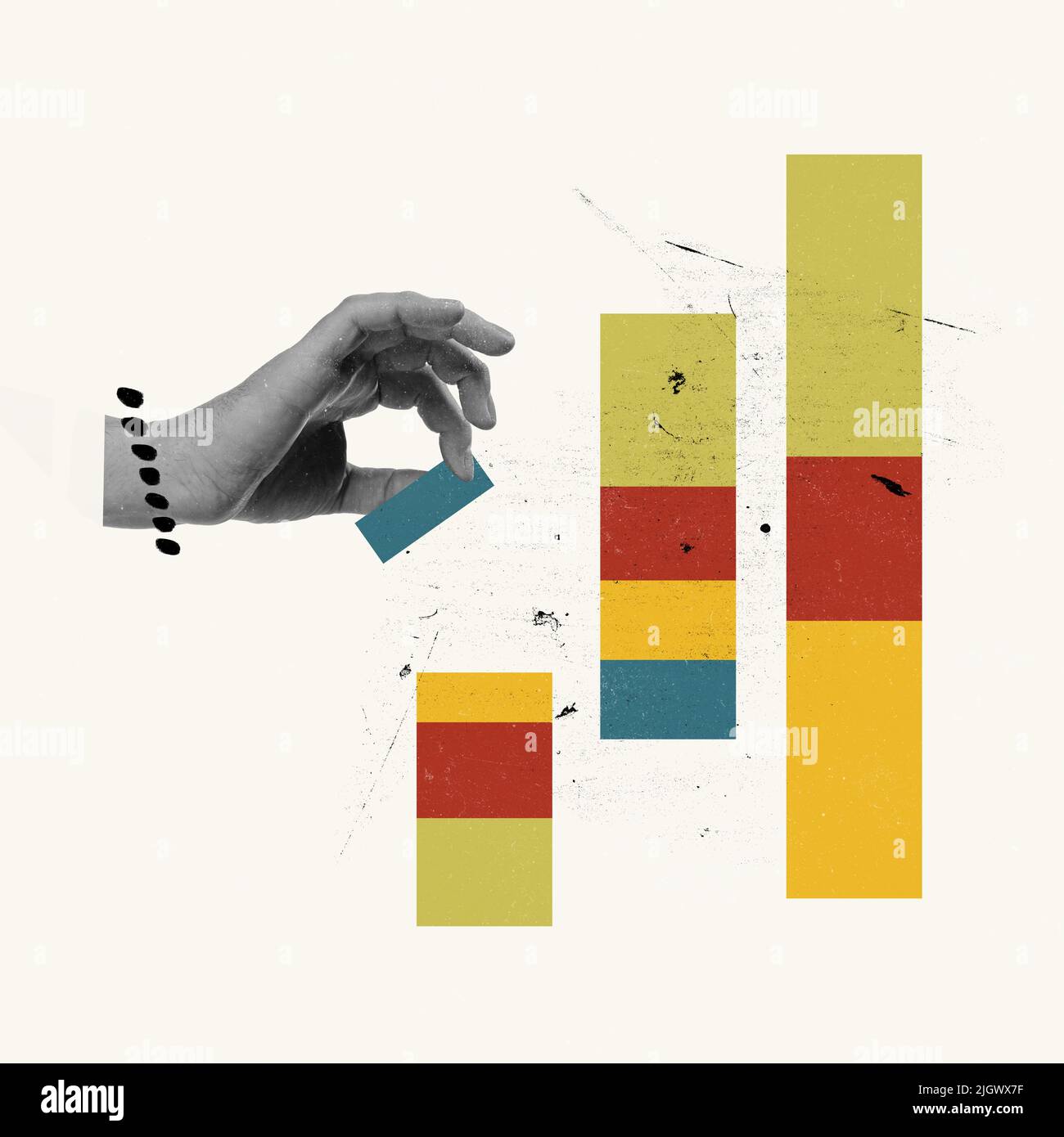 Contemporary art collage. Conceptual image with male hand putting ...